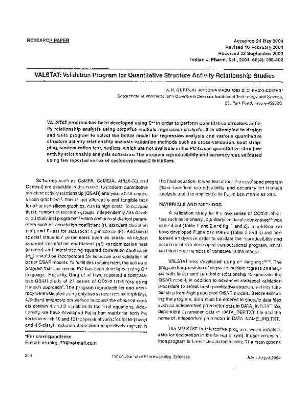 (PDF) VALSTAT: Validation program for quantitative structure activity ...