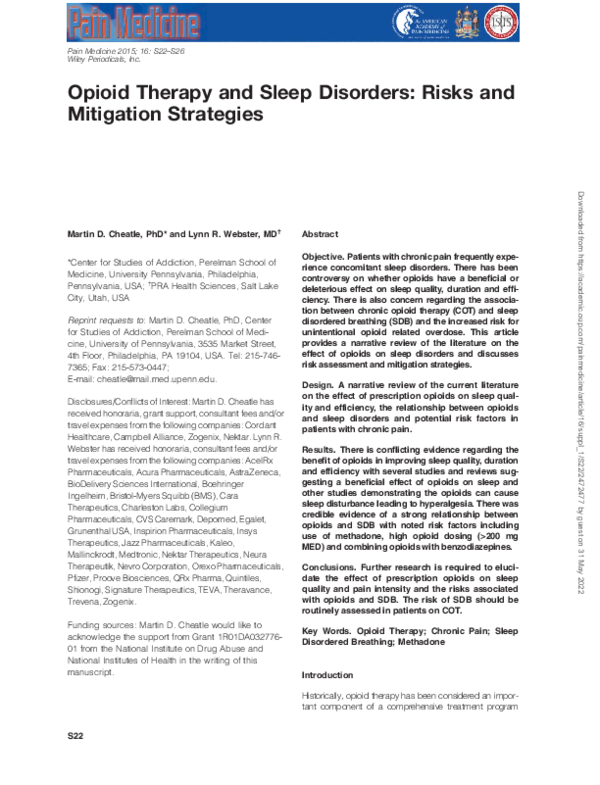 (PDF) Opioid Therapy and Sleep Disorders: Risks and Mitigation Strategies