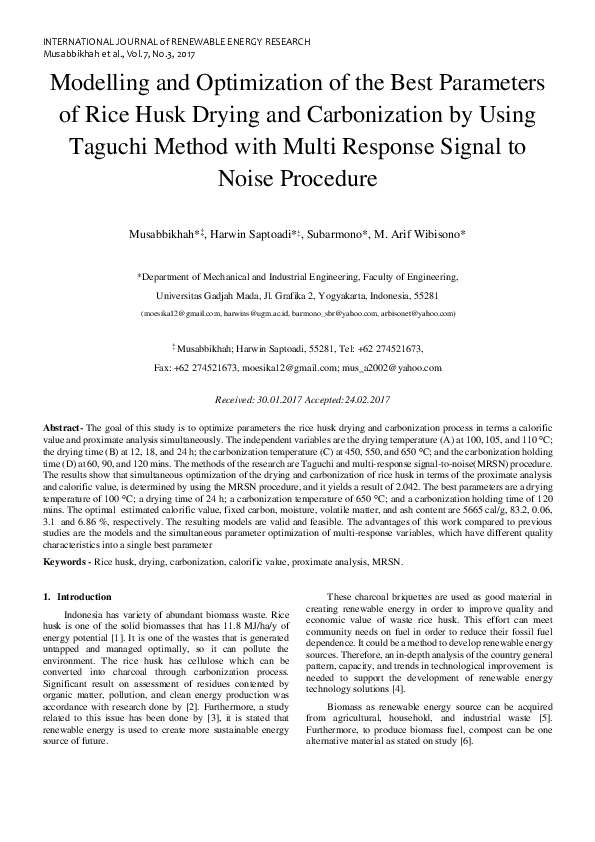 (PDF) Modelling and Optimization of the Best Parameters of Rice Husk Drying and Carbonization by ...