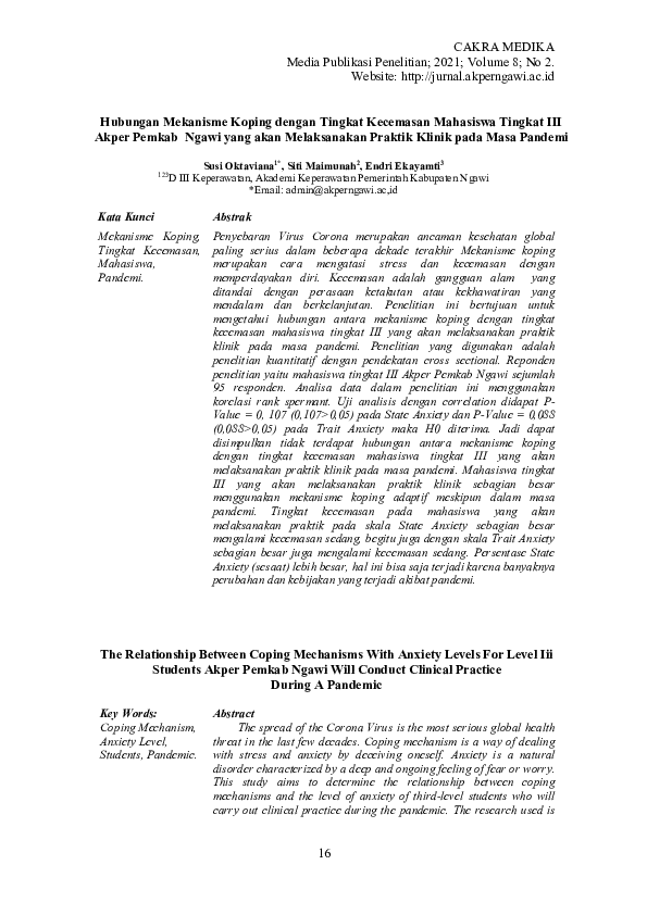 (PDF) Hubungan Mekanisme Koping dengan Tingkat Kecemasan Mahasiswa ... (PDF) Hubungan Mekanisme Koping dengan Tingkat Kecemasan Mahasiswa ...