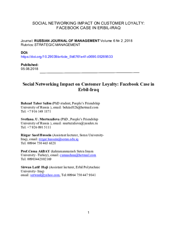 (PDF) Social Networking Impact on Customer Loyalty: Facebook Case in Erbil-Iraq/Kurdistan ...