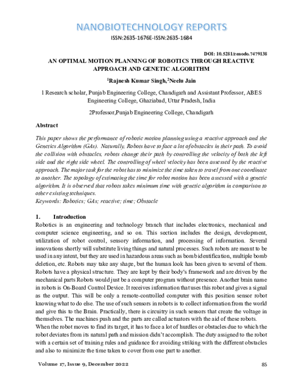 Pdf An Optimal Motion Planning Of Robotics Through Reactive Approach And Genetic Algorithm 