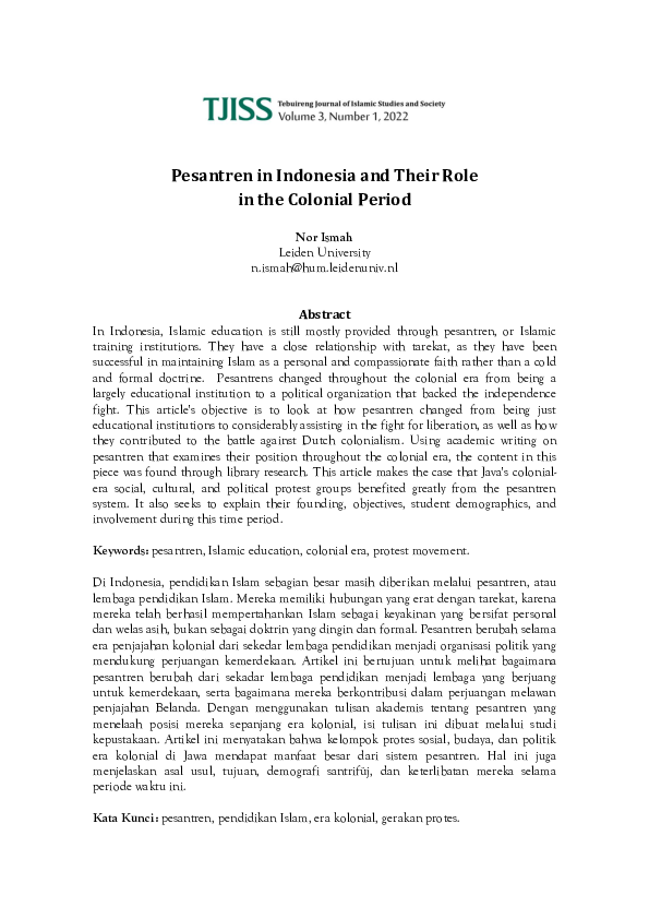 (PDF) Pesantren: Its Founding and Role in the Colonial Period