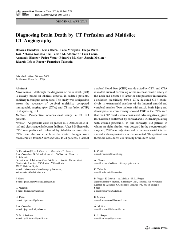 Diagnosing Brain Death by CT Perfusion and Multislice CT Angiography