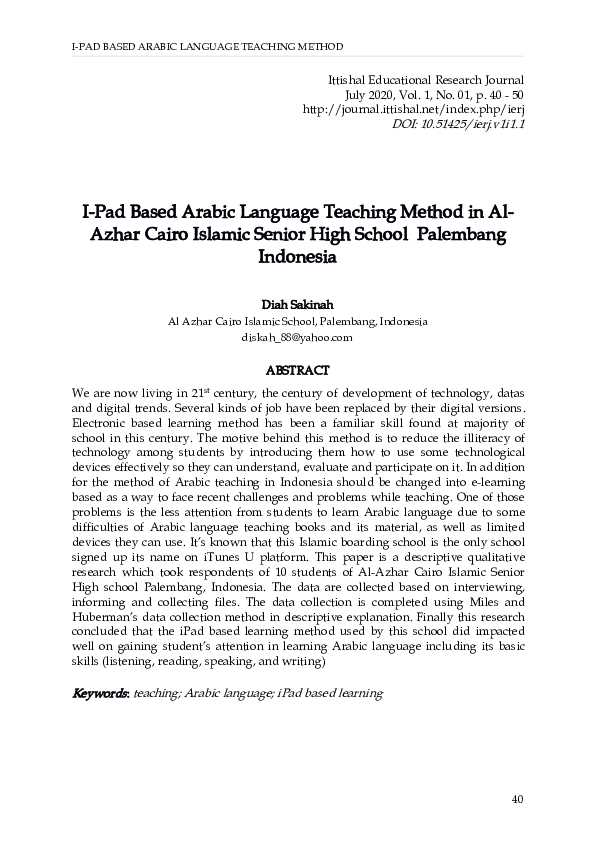 (PDF) I-Pad Based Arabic Language Teaching Method in Al-Azhar Cairo ...