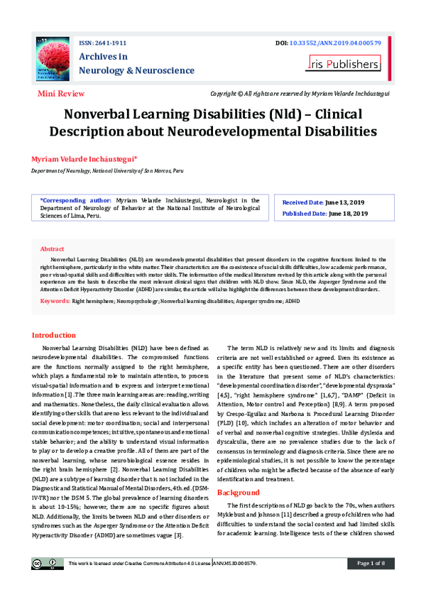 (PDF) Nonverbal Learning Disabilities (NLD) | Yoshihiro Takeuchi ...