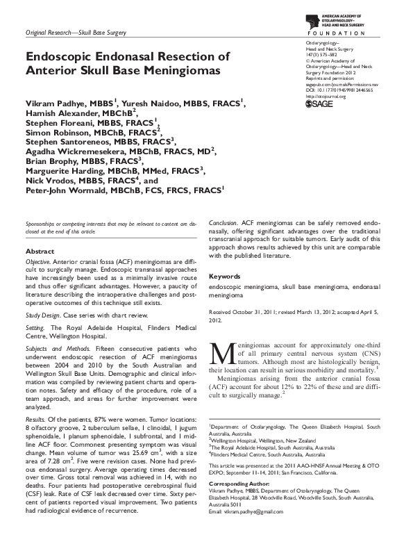 (PDF) Endoscopic Endonasal Resection of Anterior Skull Base Meningiomas