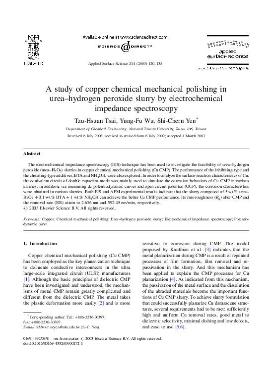 (PDF) A study of copper chemical mechanical polishing in urea–hydrogen peroxide slurry by ...