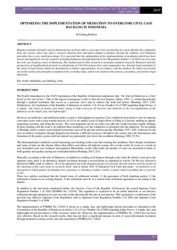 (PDF) Optimizing the Implementation of Mediation to Overcome Civil Case Backlog in Indonesia