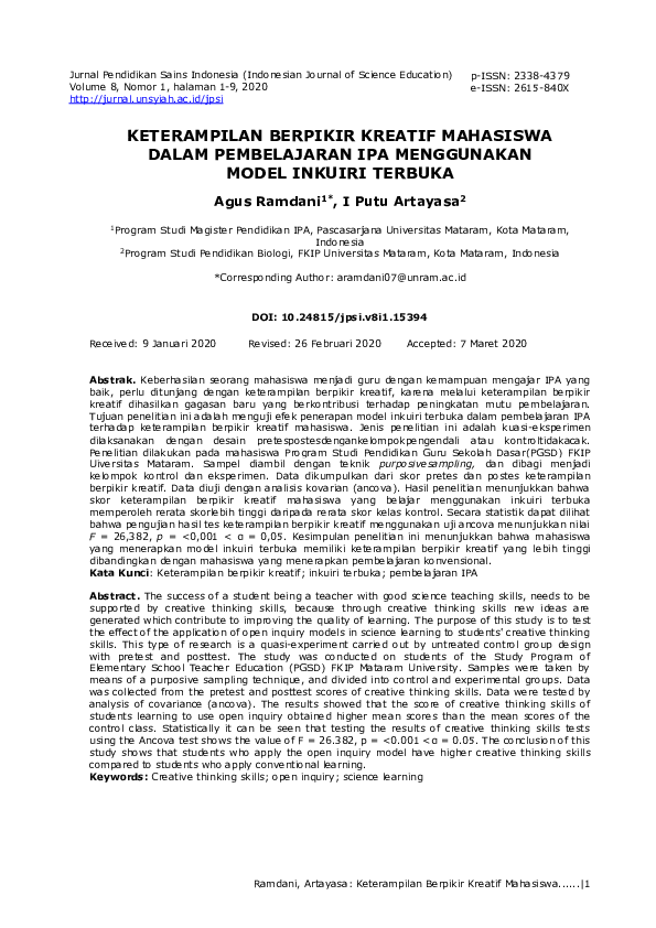 (PDF) Keterampilan Berpikir Kreatif Mahasiswa dalam Pembelajaran IPA Menggunakan Model Inkuiri ...