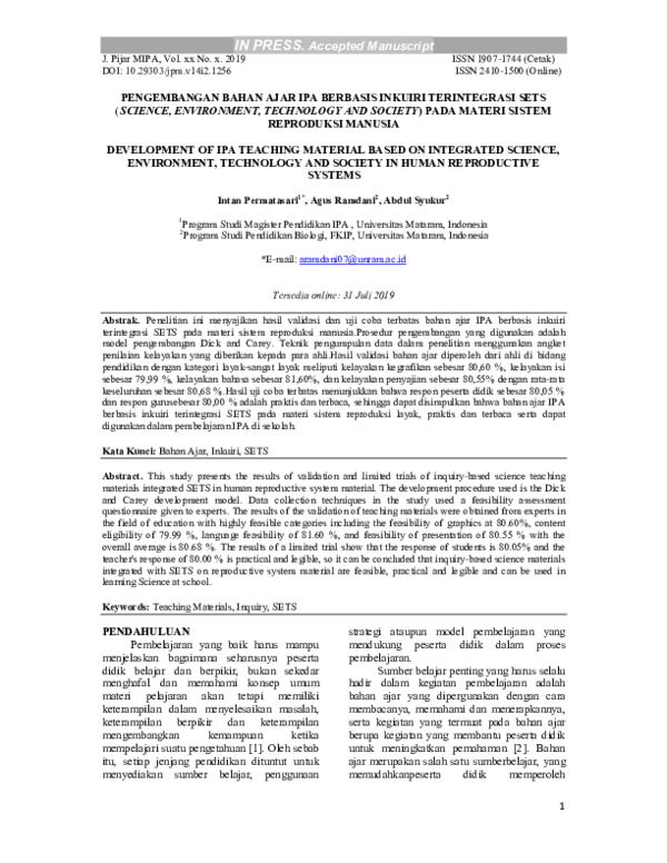 (PDF) Pengembangan Bahan Ajar IPA Berbasis Inkuiri Terintegrasi Sets (Science, Environment ...