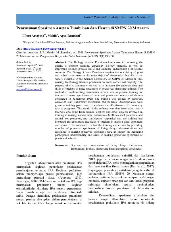 (PDF) Penyusunan Spesimen Awetan Tumbuhan dan Hewan Di SMPN 20 Mataram