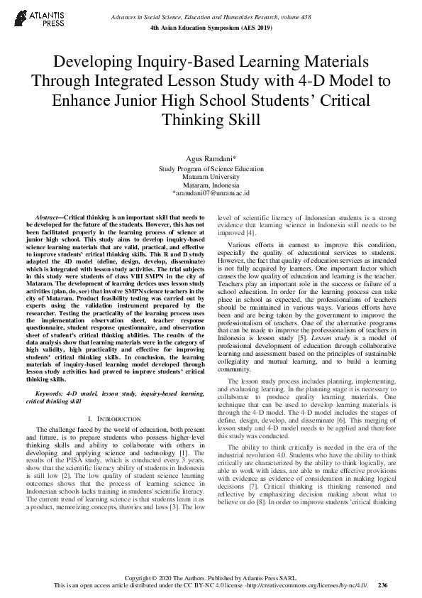 (PDF) Developing Inquiry-Based Learning Materials Through Integrated Lesson Study with 4-D Model ...