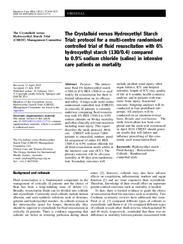 (PDF) The Crystalloid versus Hydroxyethyl Starch Trial: protocol for a ...