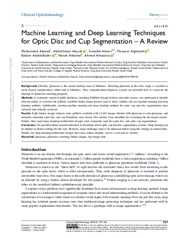 Pdf Machine Learning And Deep Learning Techniques For Optic Disc And Cup Segmentation A Review