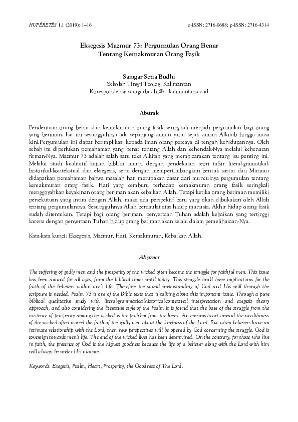 (PDF) Eksegesis Mazmur 73: Pergumulan Orang Benar Tentang Kemakmuran Orang Fasik