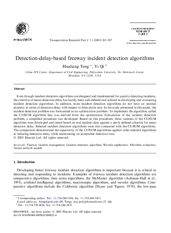 Pdf Detection Delay Based Freeway Incident Detection Algorithms