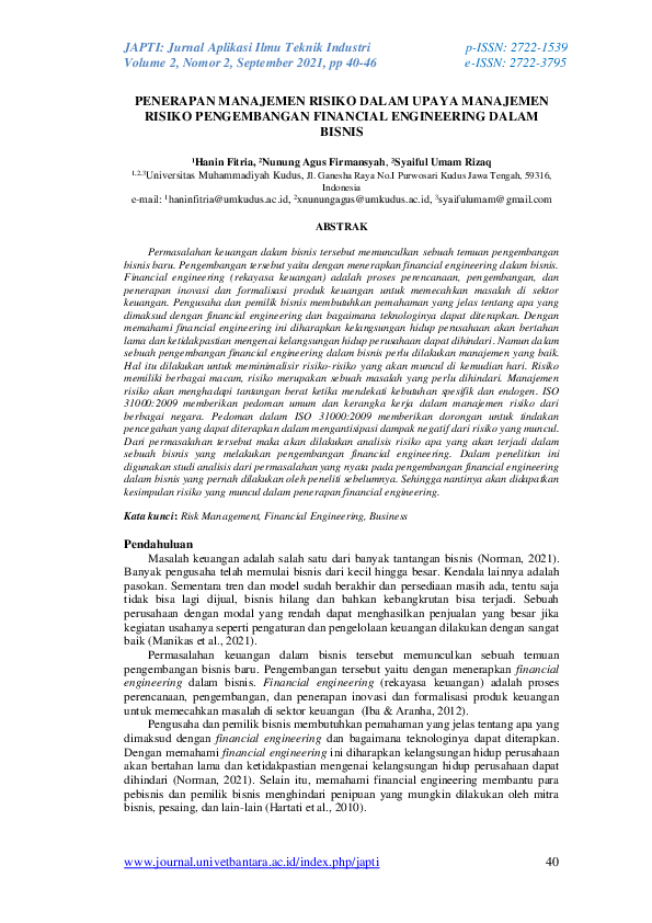 (PDF) Penerapan Manajemen Risiko Dalam Upaya Manajemen Risiko ...