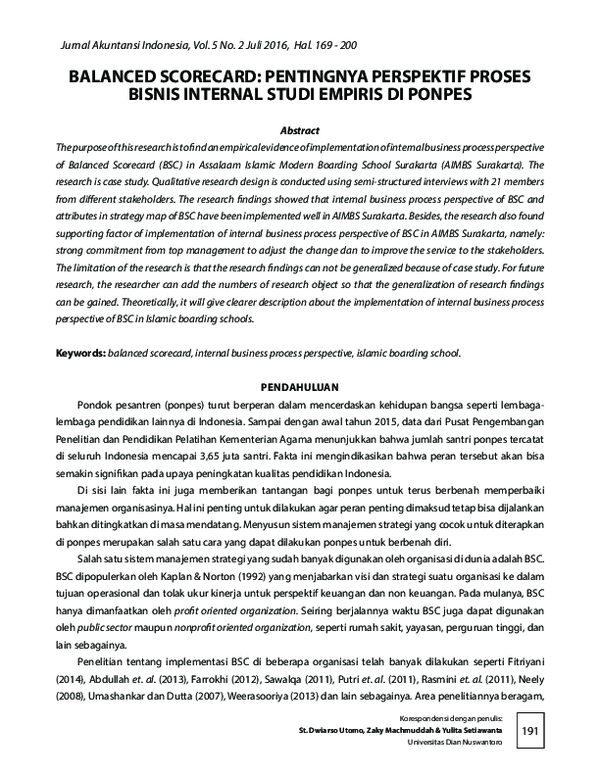 (PDF) Balanced Scorecard: Pentingnya Perspektif Proses Bisnis Internal Studi Empiris DI Ponpes
