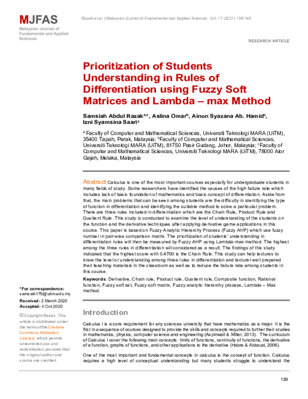(PDF) Prioritization of Students Understanding in Rules of Differentiation using Fuzzy Soft ...