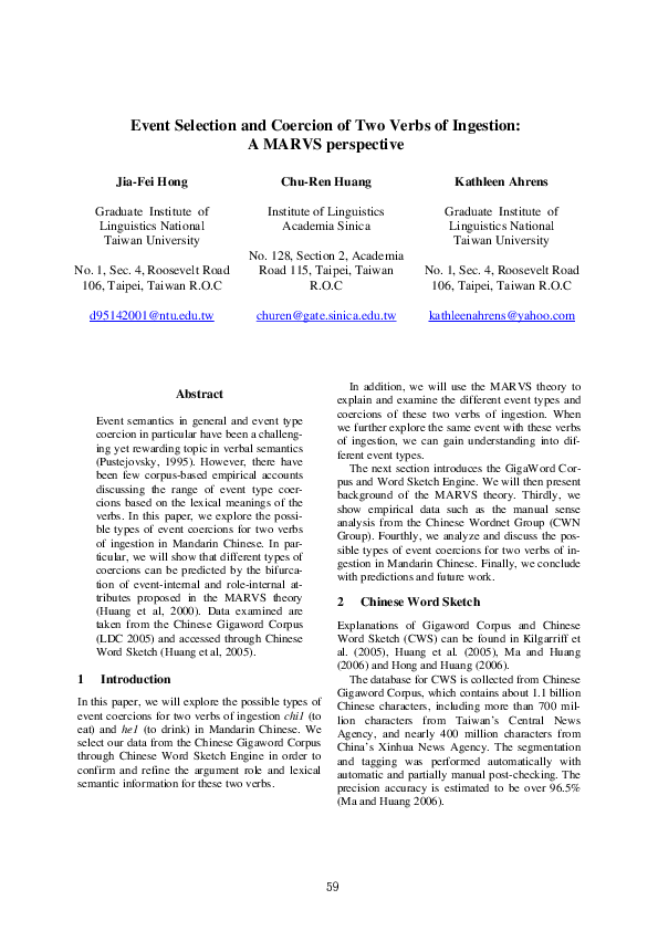 (PDF) Event Selection and Coercion of Two Verbs of Ingestion: A MARVS Perspective