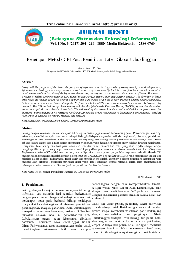 (PDF) Penerapan Metode Composite Performance Index (CPI) pada Pemilihan Hotel di Kota Lubuklinggau