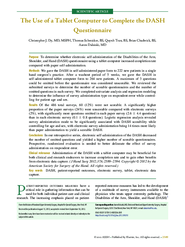 (PDF) The Use of a Tablet Computer to Complete the DASH Questionnaire