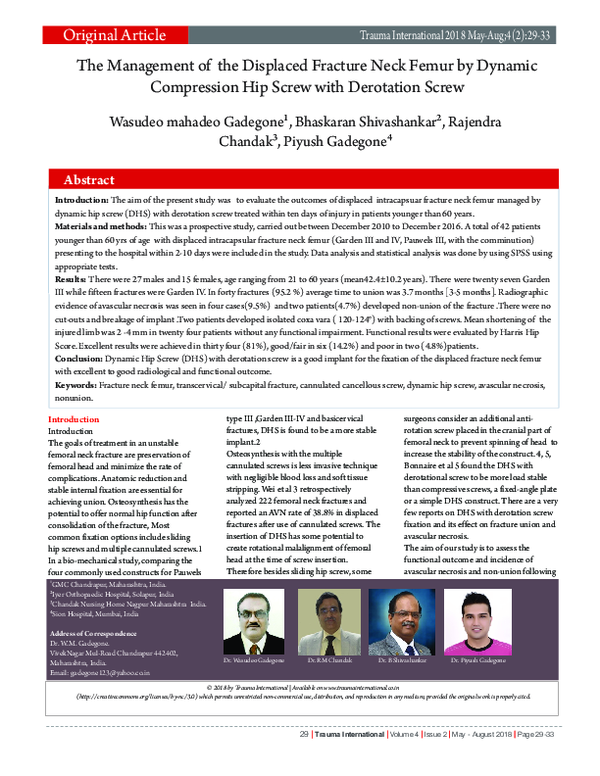 Pdf The Management Of The Displaced Fracture Neck Femur By Dynamic