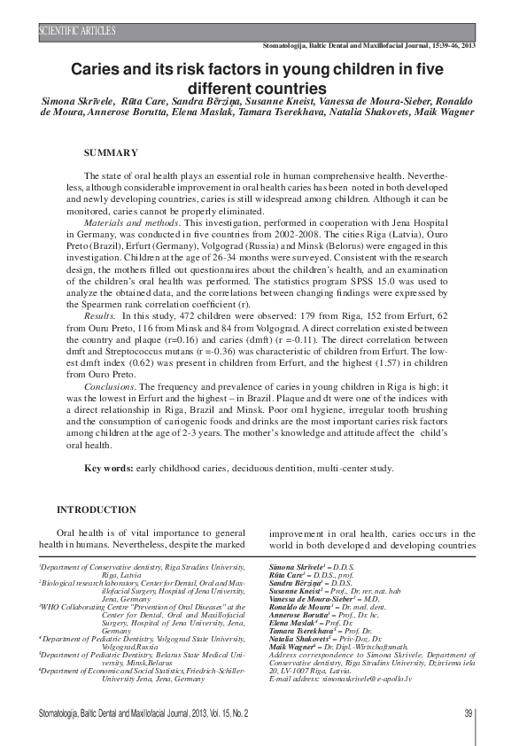 Caries and its risk factors in young children in five different countries