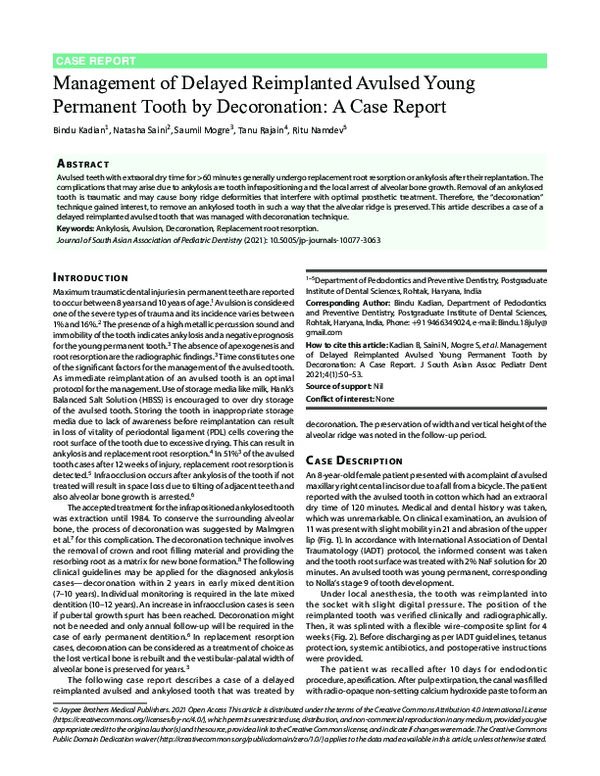 (PDF) Management of Delayed Reimplanted Avulsed Young Permanent Tooth ...