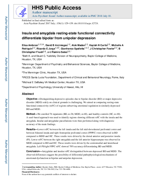 Pdf Insula And Amygdala Resting State Functional Connectivity Differentiate Bipolar From