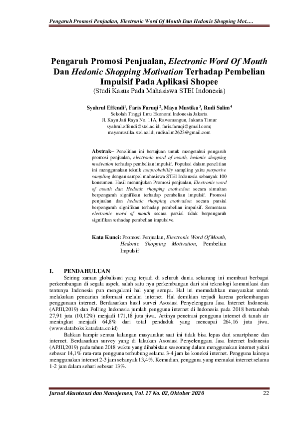 (PDF) Pengaruh Promosi Penjualan, Electronic Word of Mouth dan Hedonic Shopping Motivation ...