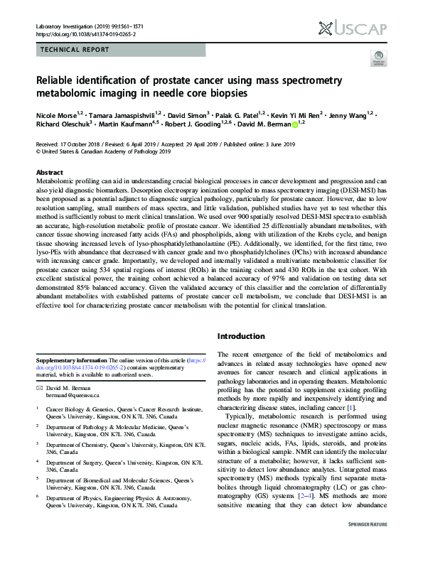 (PDF) Reliable identification of prostate cancer using mass ...