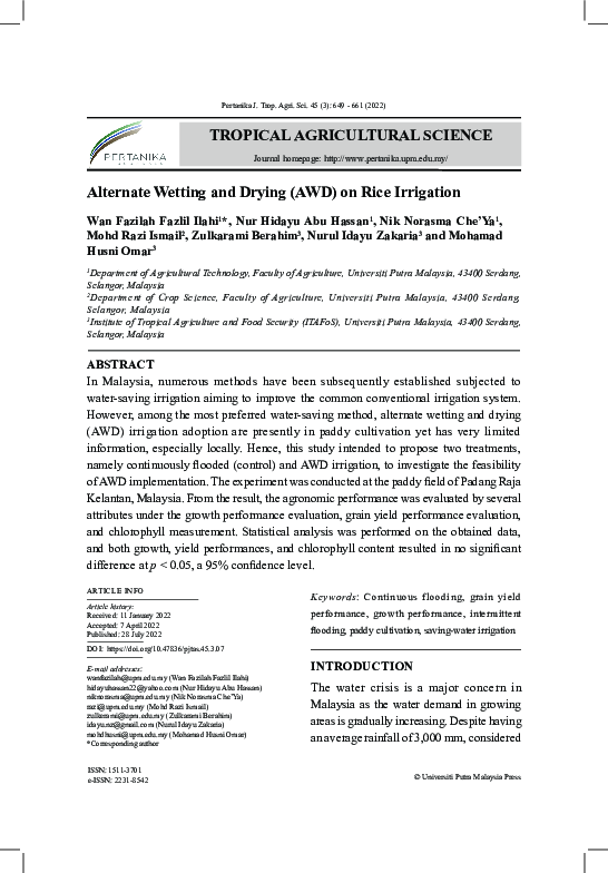 (PDF) Alternate Wetting and Drying (AWD) on Rice Irrigation