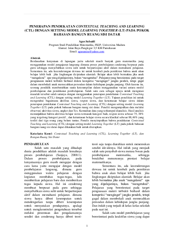 (PDF) Penerapan Pendekatan Contextual Teaching and Learning (CTL) Dengan Setting Model Learning ...