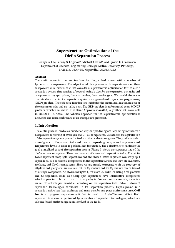 (PDF) Superstructure optimization of the olefin separation process