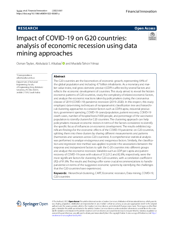(PDF) Impact of COVID-19 on G20 countries: analysis of economic recession using data mining ...