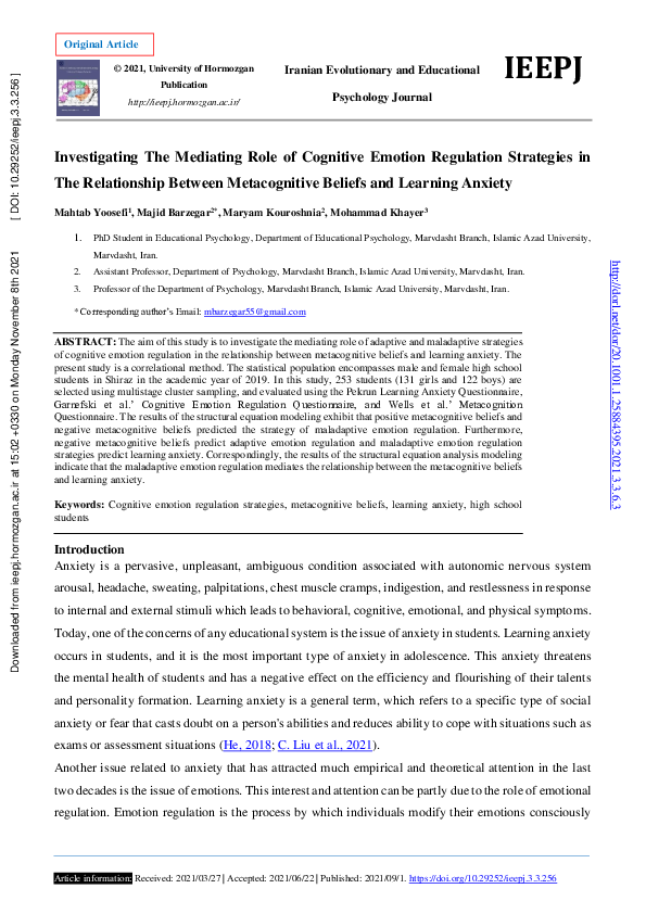(PDF) Investigating The Mediating Role of Cognitive Emotion Regulation Strategies in The ...
