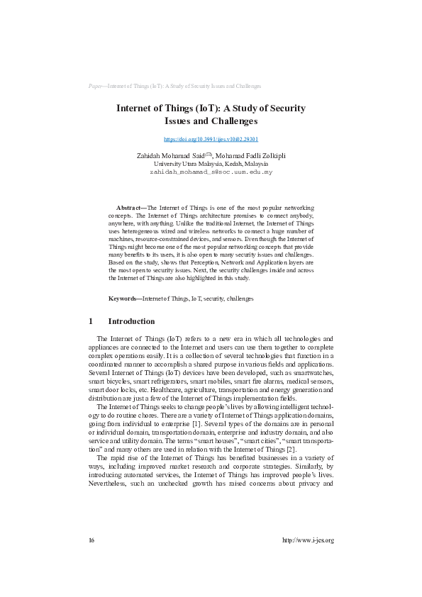(PDF) Internet of Things (IoT): A Study of Security Issues and Challenges