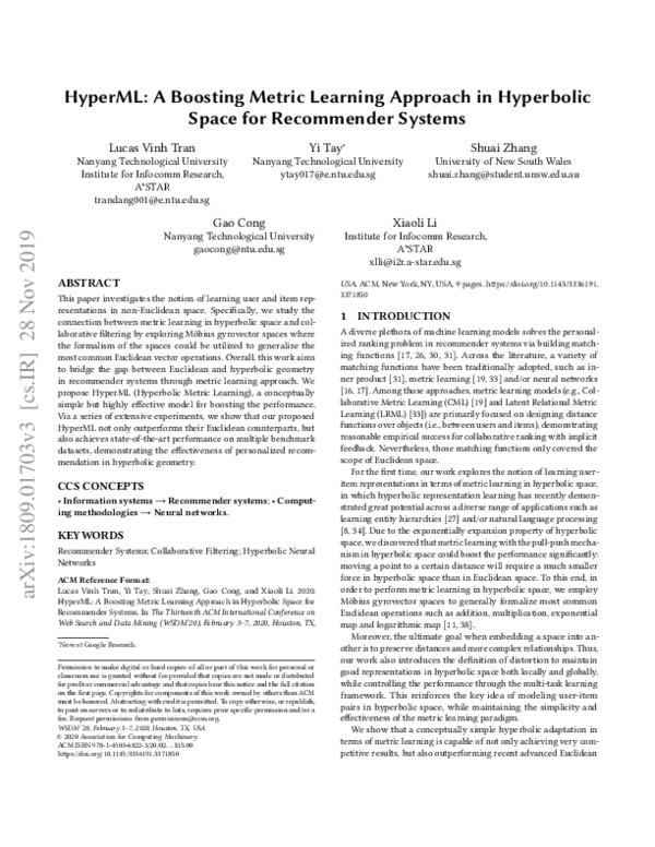 (PDF) Hyperbolic Recommender Systems