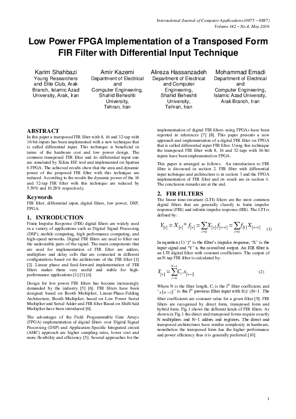 Pdf Low Power Fpga Implementation Of A Transposed Form Fir Filter With Differential Input