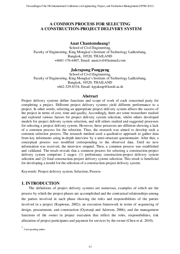(PDF) A Common Process for Selecting a Construction-Project Delivery System