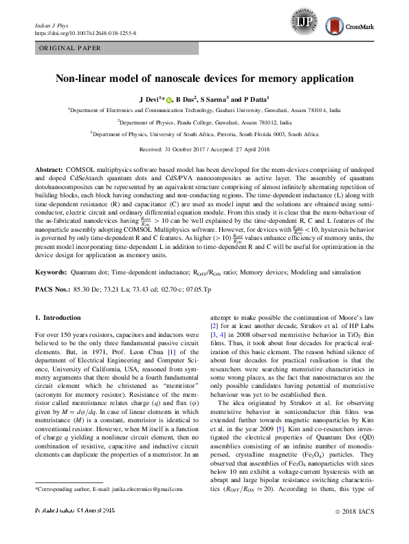 (PDF) Non-linear model of nanoscale devices for memory application