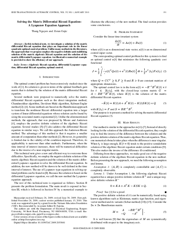 (PDF) Solving the Matrix Differential Riccati Equation: A Lyapunov ...