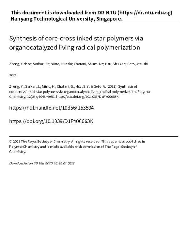 (PDF) Synthesis of core-crosslinked star polymers via organocatalyzed living radical polymerization