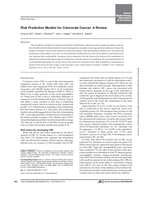 (PDF) Risk Prediction Models for Colorectal Cancer: A Review | Aung K ...