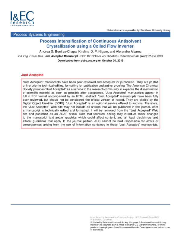 (PDF) Process Intensification of Continuous Antisolvent Crystallization Using a Coiled Flow Inverter