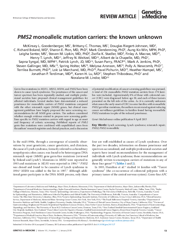 (PDF) PMS2 monoallelic mutation carriers: the known unknown