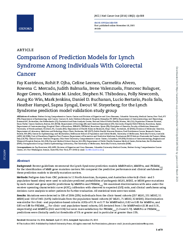 (PDF) Comparison of Prediction Models for Lynch Syndrome Among ...