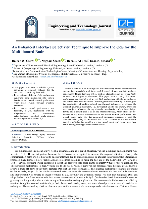 (PDF) An Enhanced Interface Selectivity Technique to Improve the QoS for the Multi-homed Node